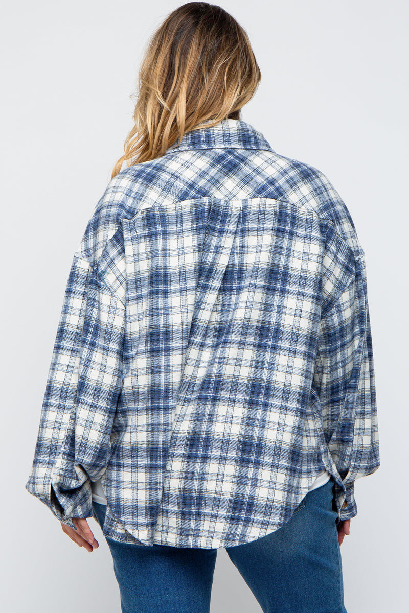 Navy Blue Flannel Plaid Button Up Maternity Plus Shacket – PinkBlush
