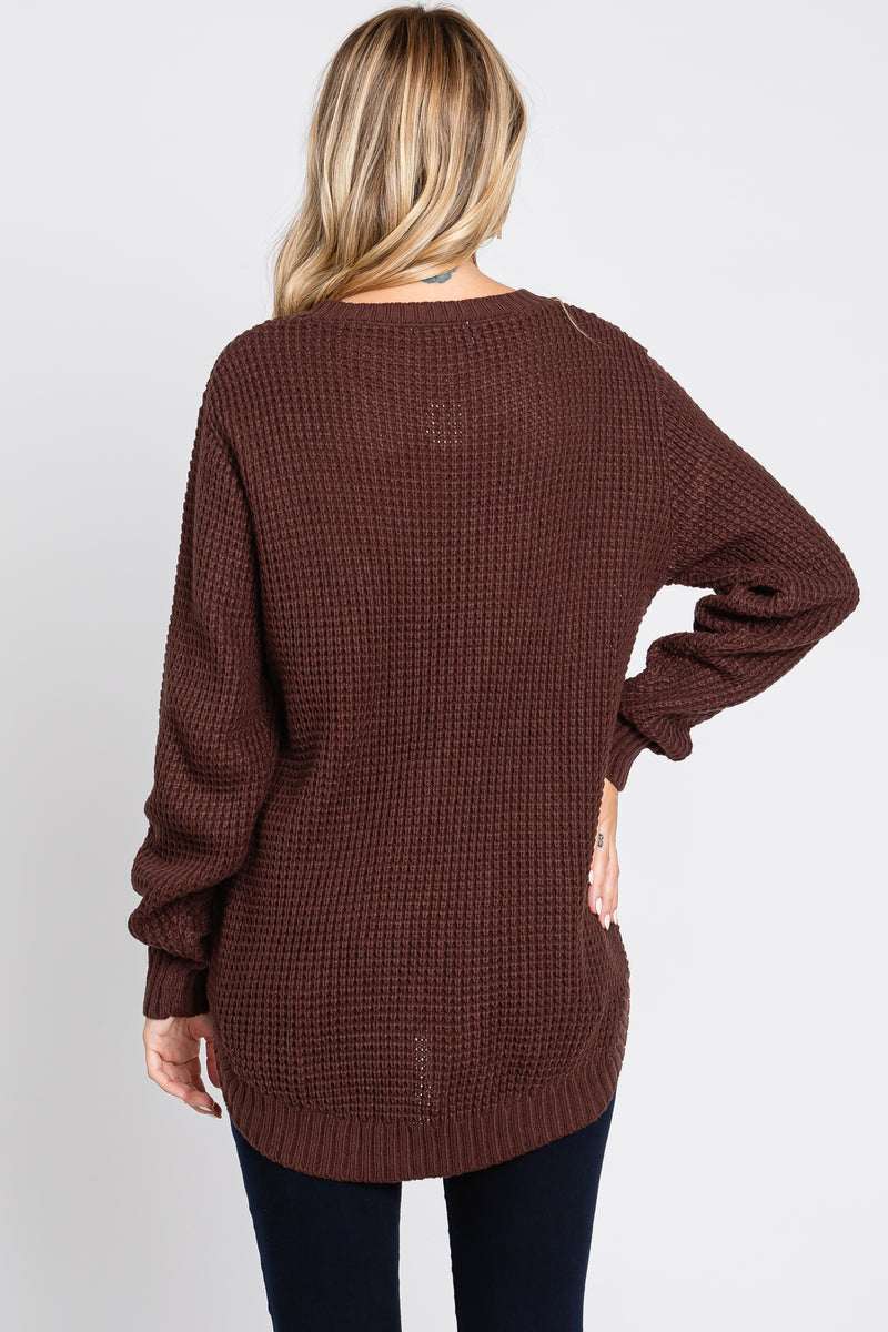 Brown Waffle Knit Round Hem Sweater– PinkBlush
