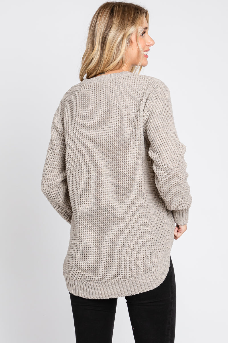 Taupe Waffle Knit Round Hem Sweater – PinkBlush