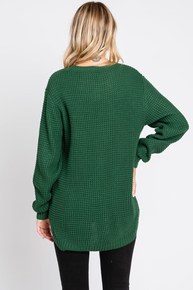 Green Waffle Knit Round Hem Sweater– PinkBlush