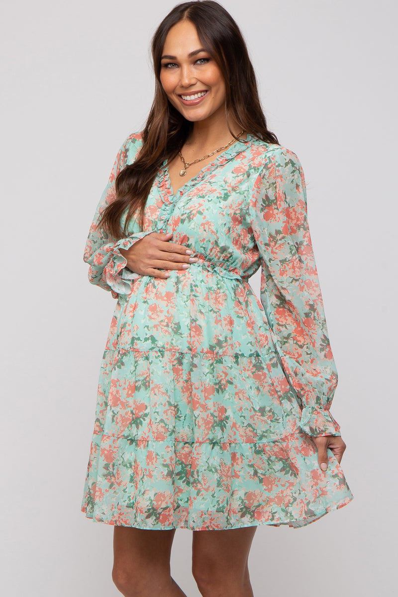 Aqua Floral Ruffle Accent Maternity Dress – PinkBlush