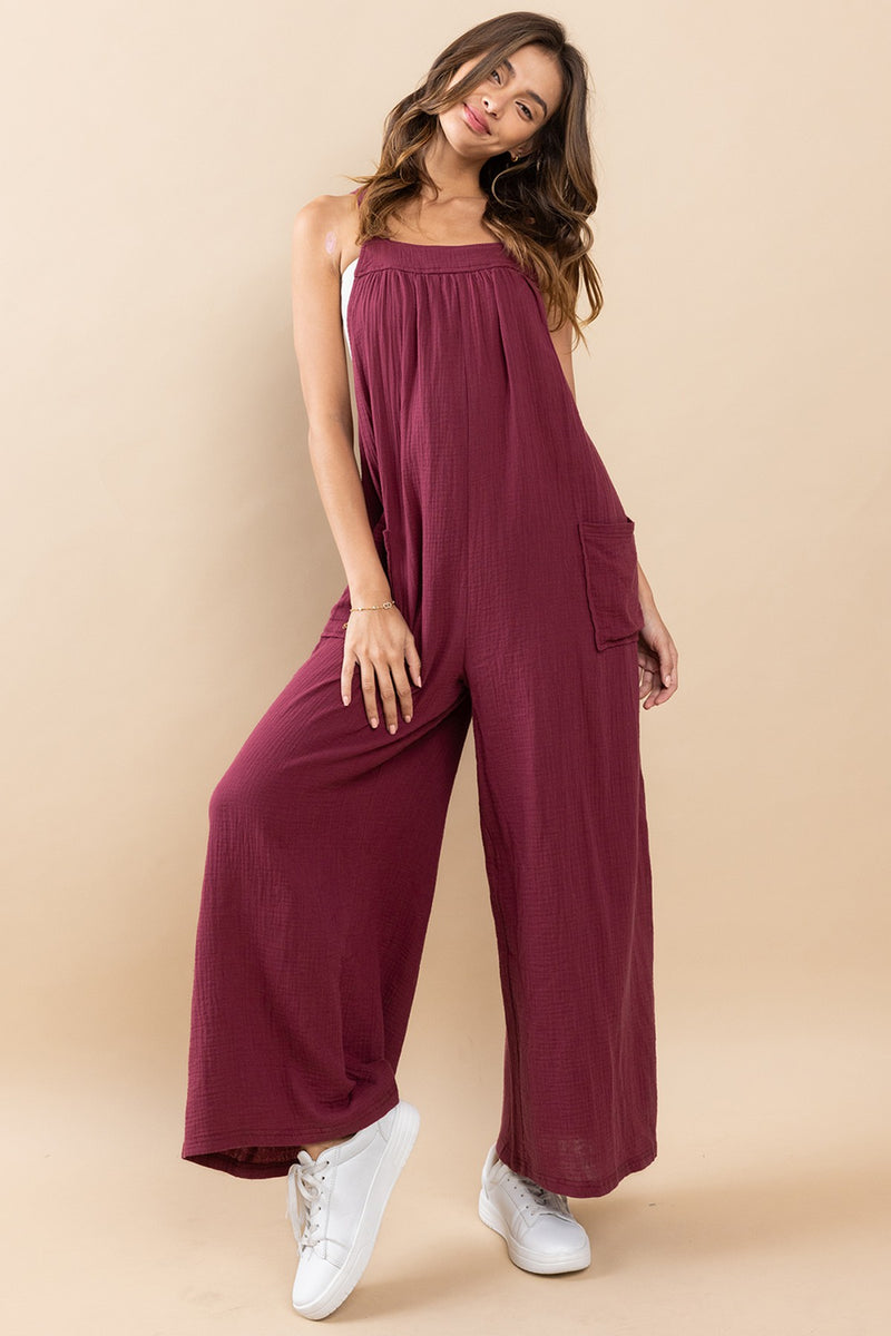 Burgundy Wide Leg Tie Back Overalls– PinkBlush