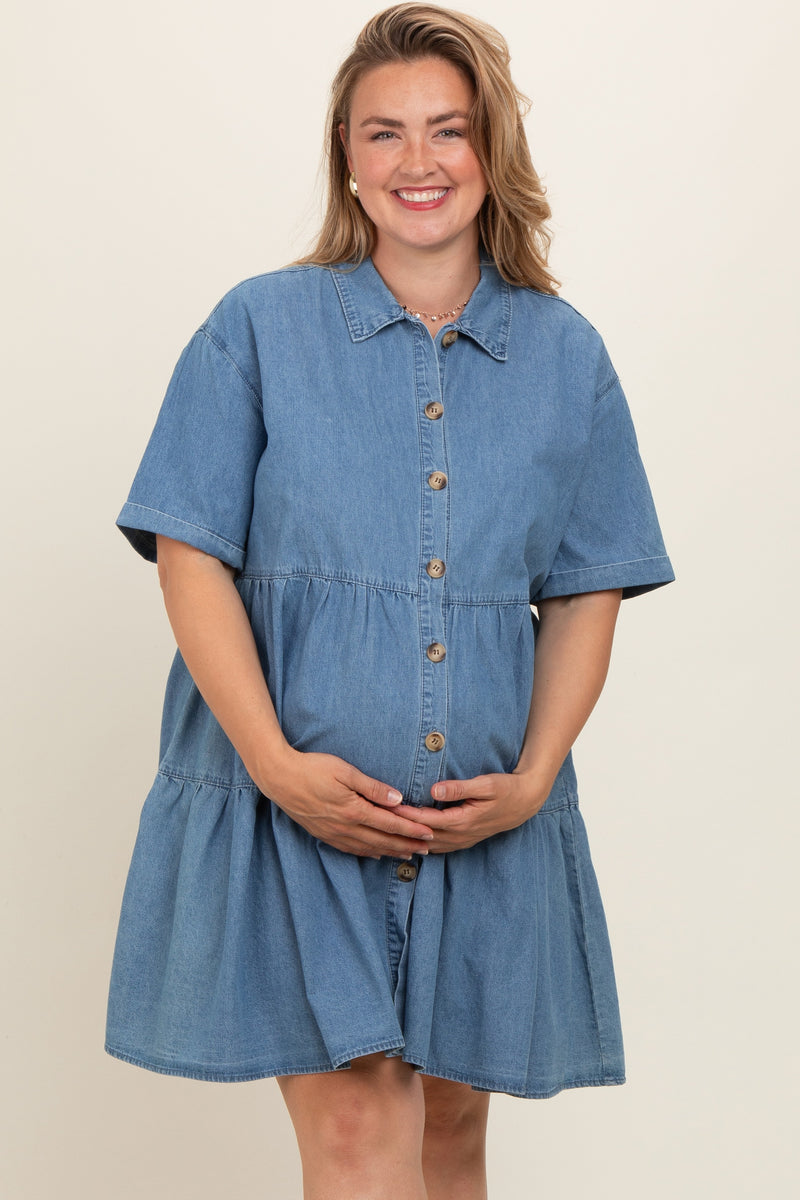 Blue Denim Button Down Tiered Plus Maternity Dress – PinkBlush