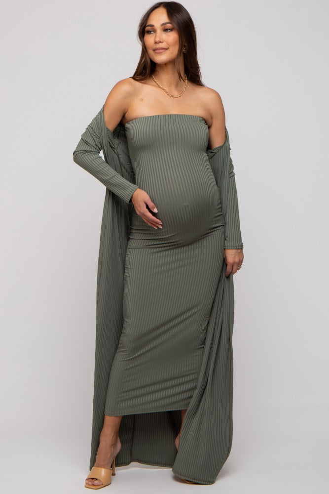 Olive Ribbed Sleeveless Dress Cardigan Maternity Set – PinkBlush