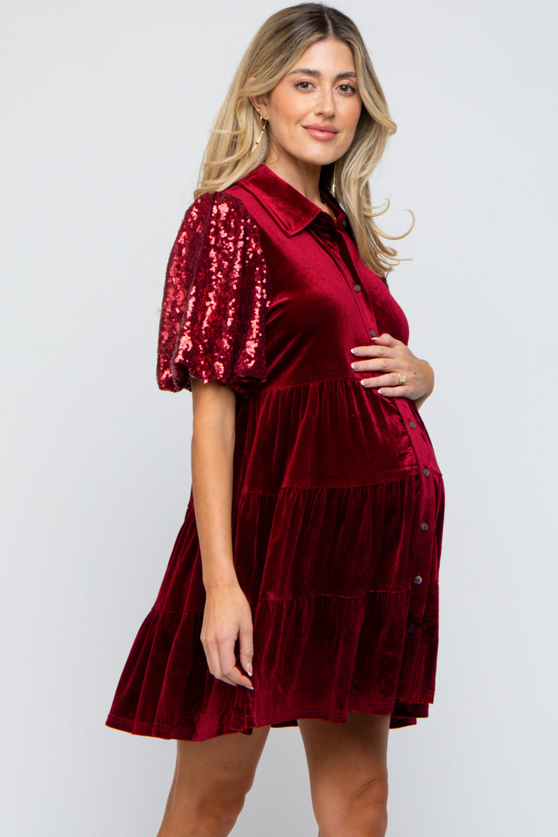 Burgundy Velvet Tiered Sequin Short Sleeve Maternity Dress – PinkBlush