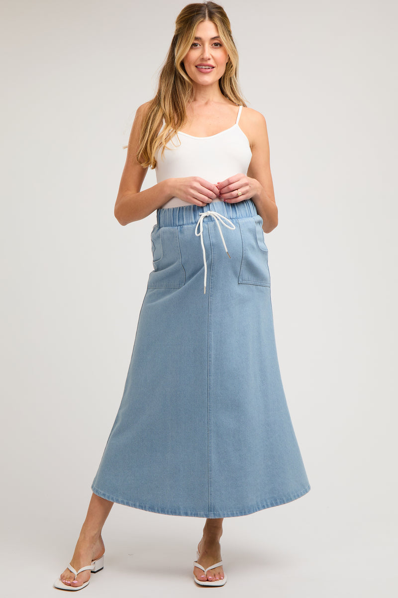 Light Blue Denim Front Tie Maternity Maxi Skirt– PinkBlush