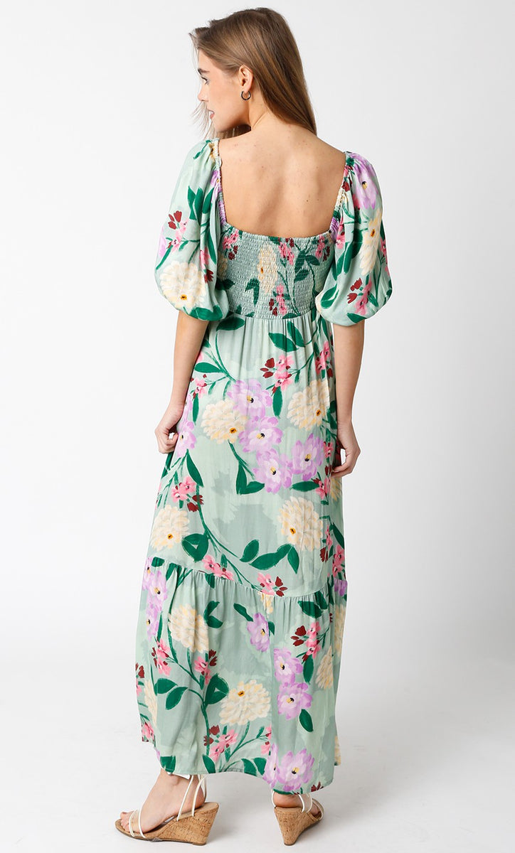 Light Green Floral Front Button Maxi Dress– PinkBlush