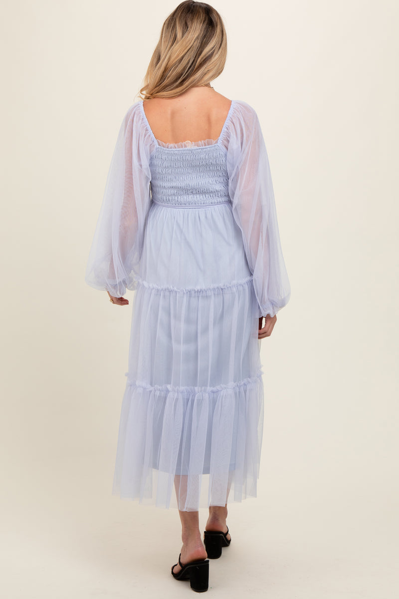 Light Blue Mesh Tiered Long Sleeve Maternity Maxi Dress– PinkBlush