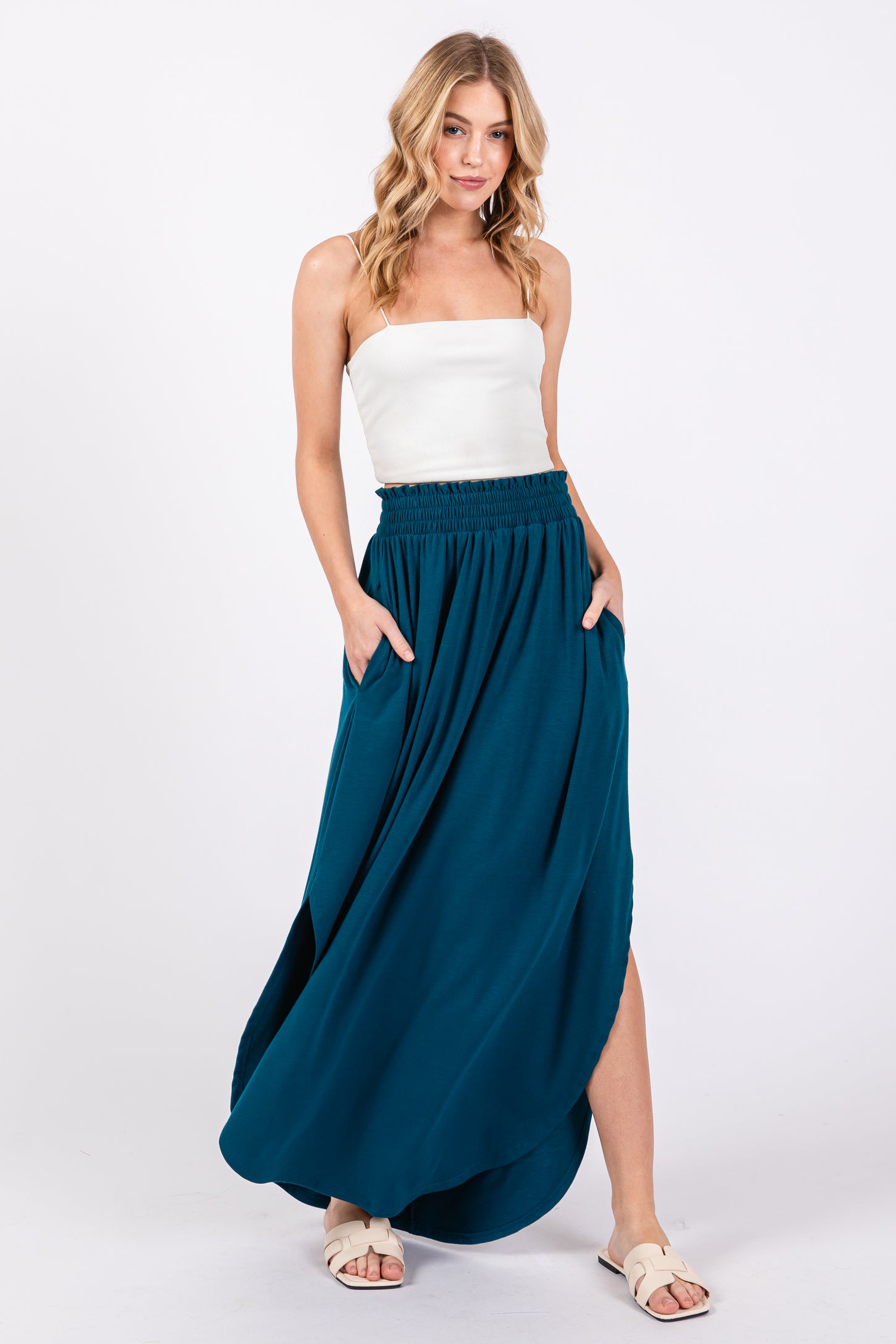Teal Smocked Rounded Hem Maternity Maxi Skirt– PinkBlush