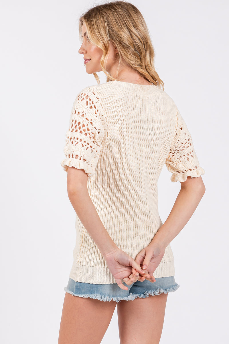 Cream Open Knit Short Puff Sleeve Sweater Top– PinkBlush