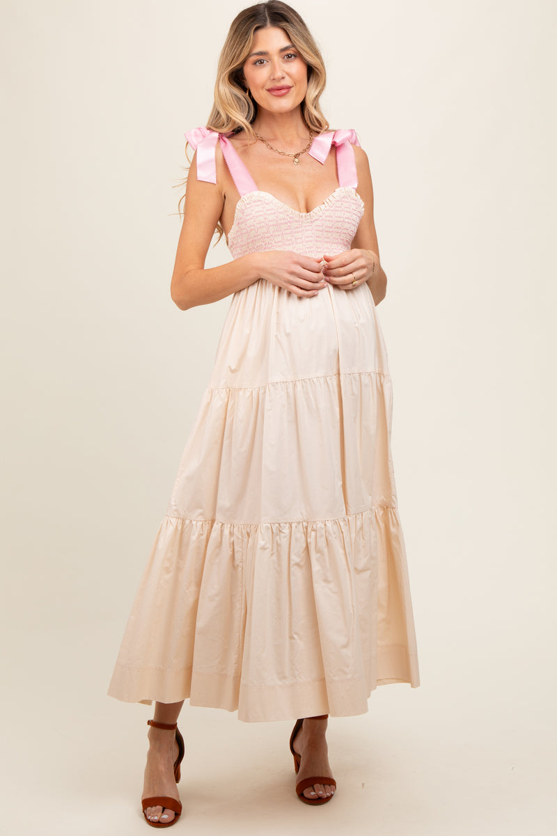 Cream Ribbon Strap Tiered Maternity Maxi Dress– PinkBlush