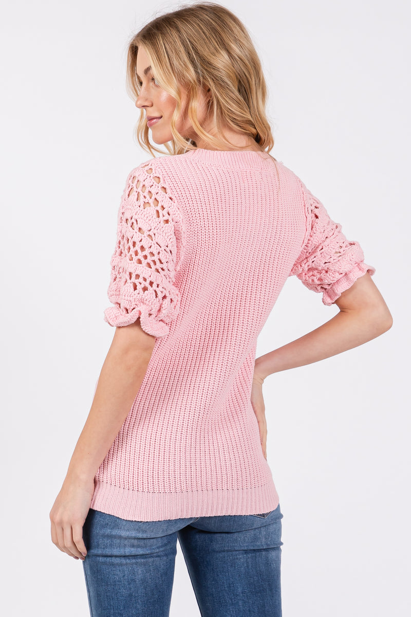 Light Pink Open Knit Short Puff Sleeve Sweater Top – PinkBlush
