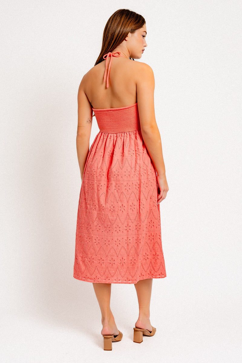 Coral Eyelet Crochet Halter Dress– PinkBlush