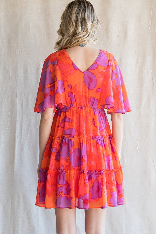 Orange Red Print Chiffon Short Bell Sleeves Dress– PinkBlush