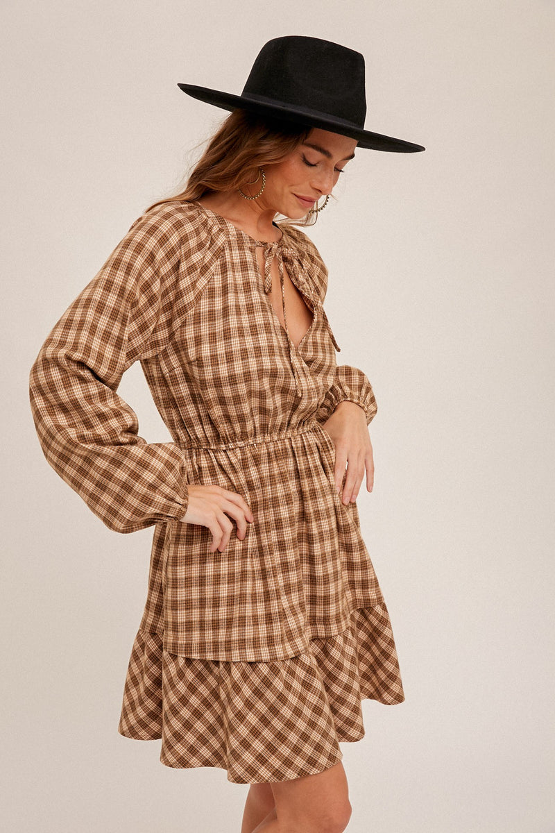 Brown Wrap Bodice Elastic Waist Mini Dress – PinkBlush