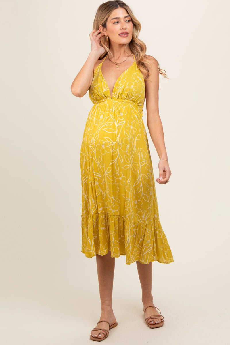 Yellow Floral Sleeveless Halter Neck Open Back Maternity Dress – PinkBlush