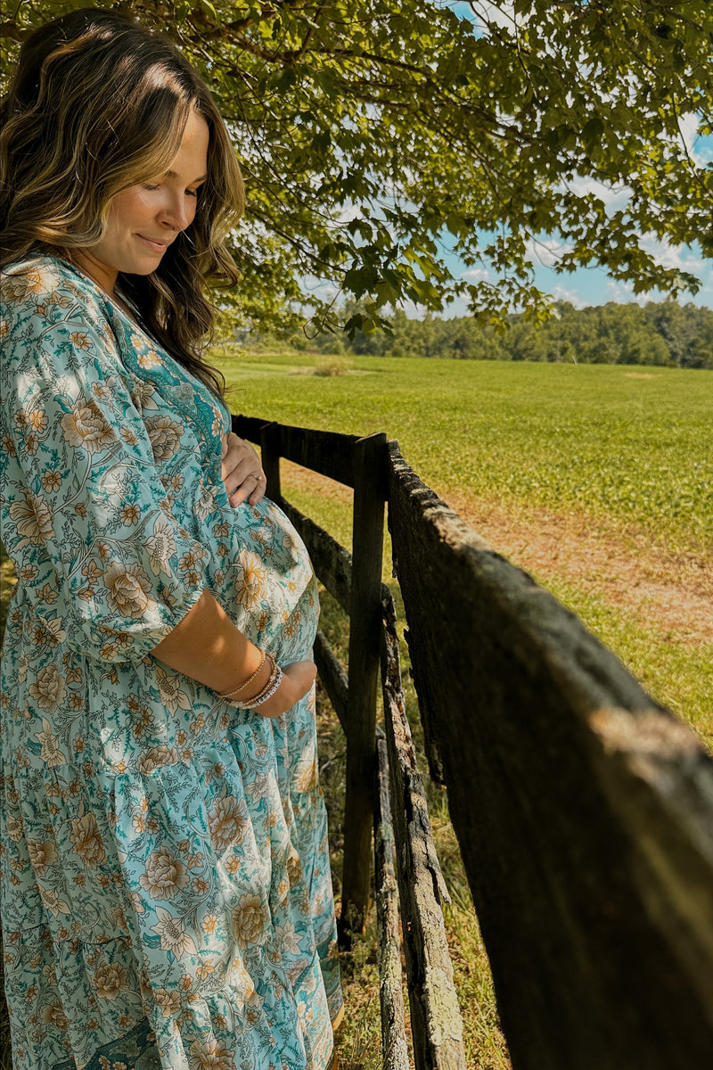 Aqua Floral Border Print V-Neck Tiered Maternity Midi Dress – PinkBlush