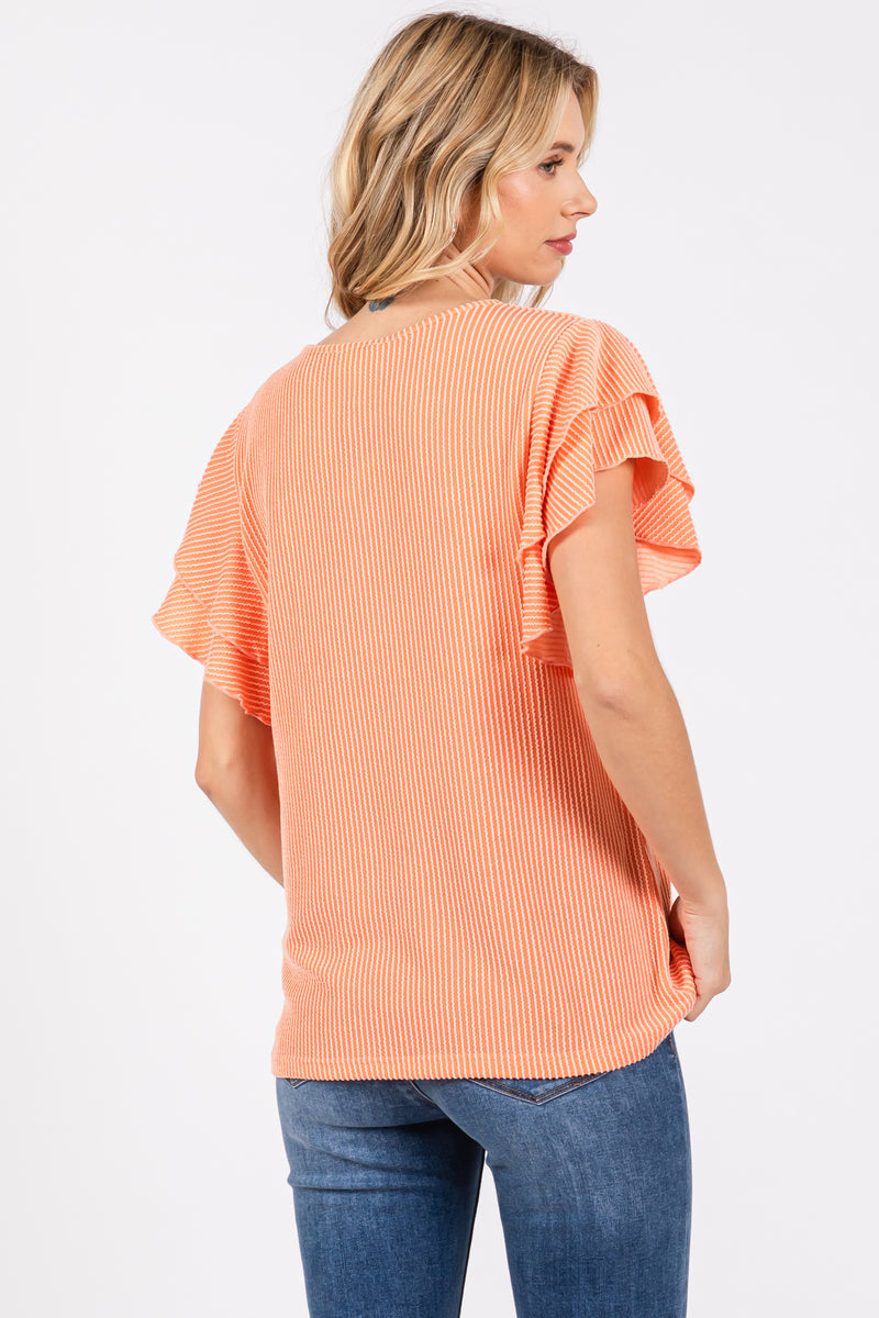 Orange Ruffle Sleeve Ribbed Top– PinkBlush