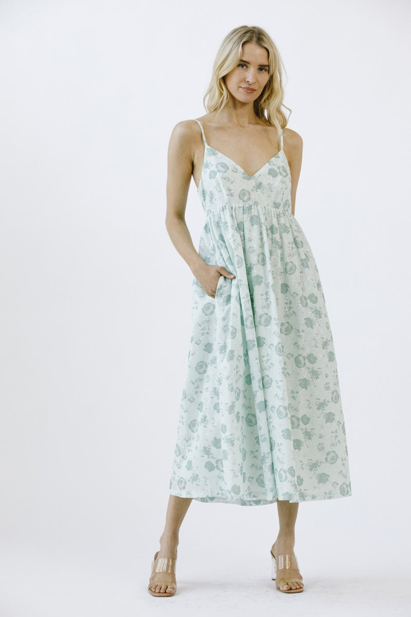 Mint Green Floral Eyelet V-Neck Midi Dress – PinkBlush