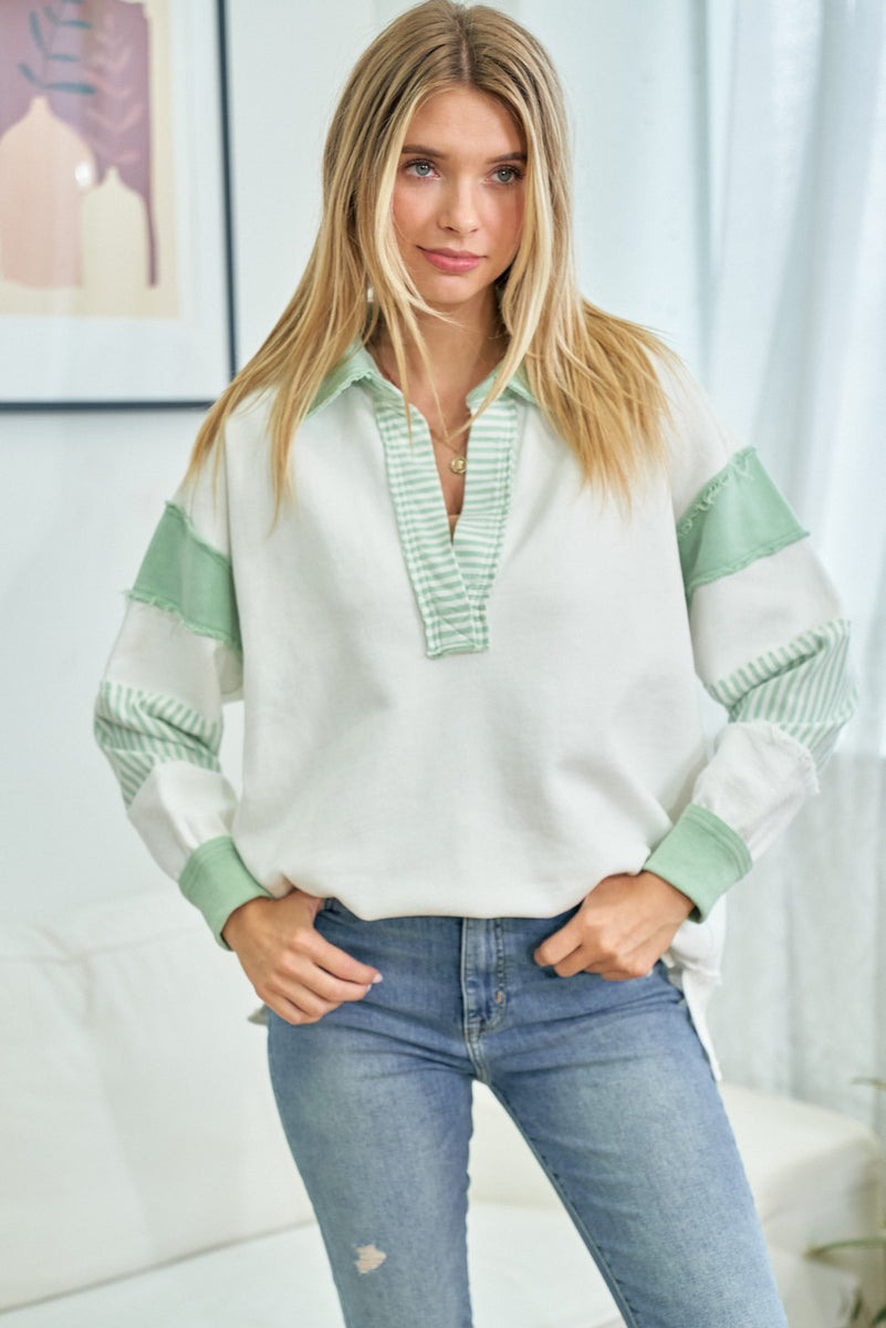 Mint Green Colorblock Stripe Collared Sweater – PinkBlush