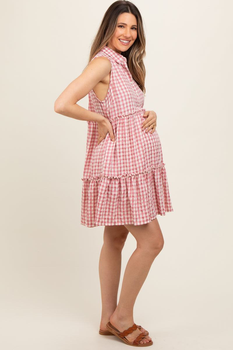 Pink Gingham Button Front Collared Maternity Dress – PinkBlush