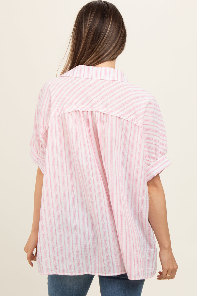 Pink Striped Button Up Collared Short Sleeve Maternity Top – PinkBlush
