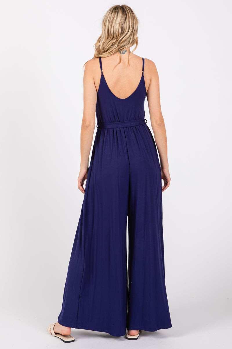 Navy Blue Sleeveless V-Neck Split Hem Jumpsuit – PinkBlush