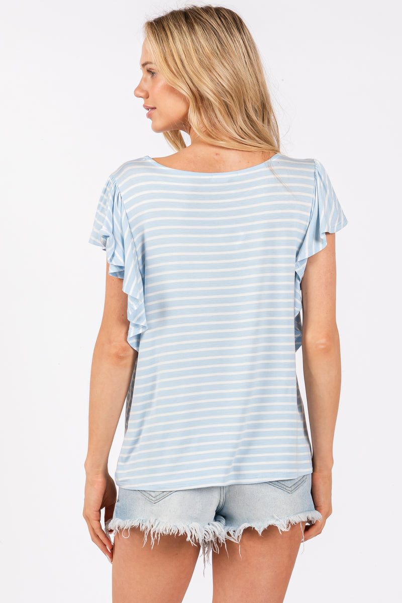Light Blue Striped Ruffle Sleeve Top– PinkBlush