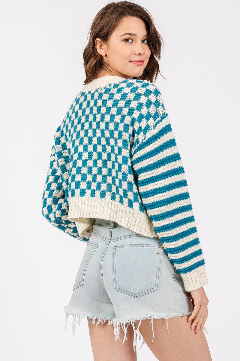 Teal Checker Stripe Button Up Cardigan– PinkBlush