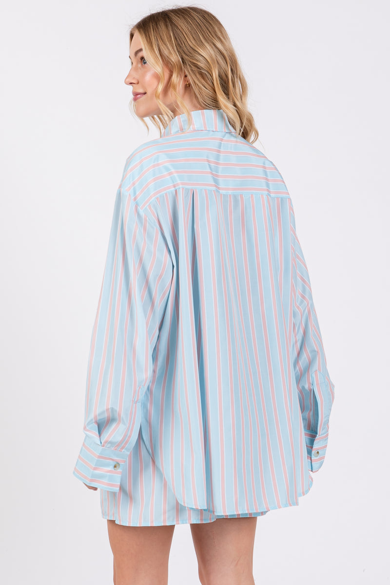 Light Blue Striped Button Down Top and Short Set – PinkBlush