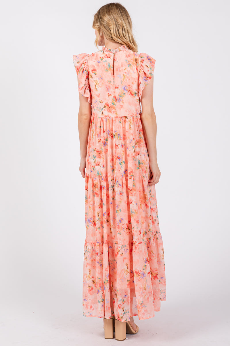 Peach Floral Chiffon Ruffle Shoulder Tiered Maxi Dress– PinkBlush