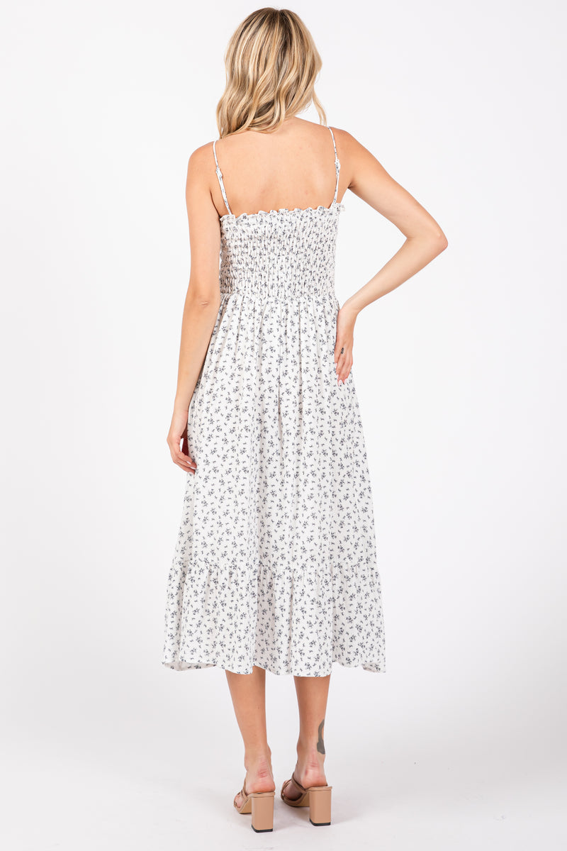 White Floral Smocked Sleeveless Midi Dress– PinkBlush