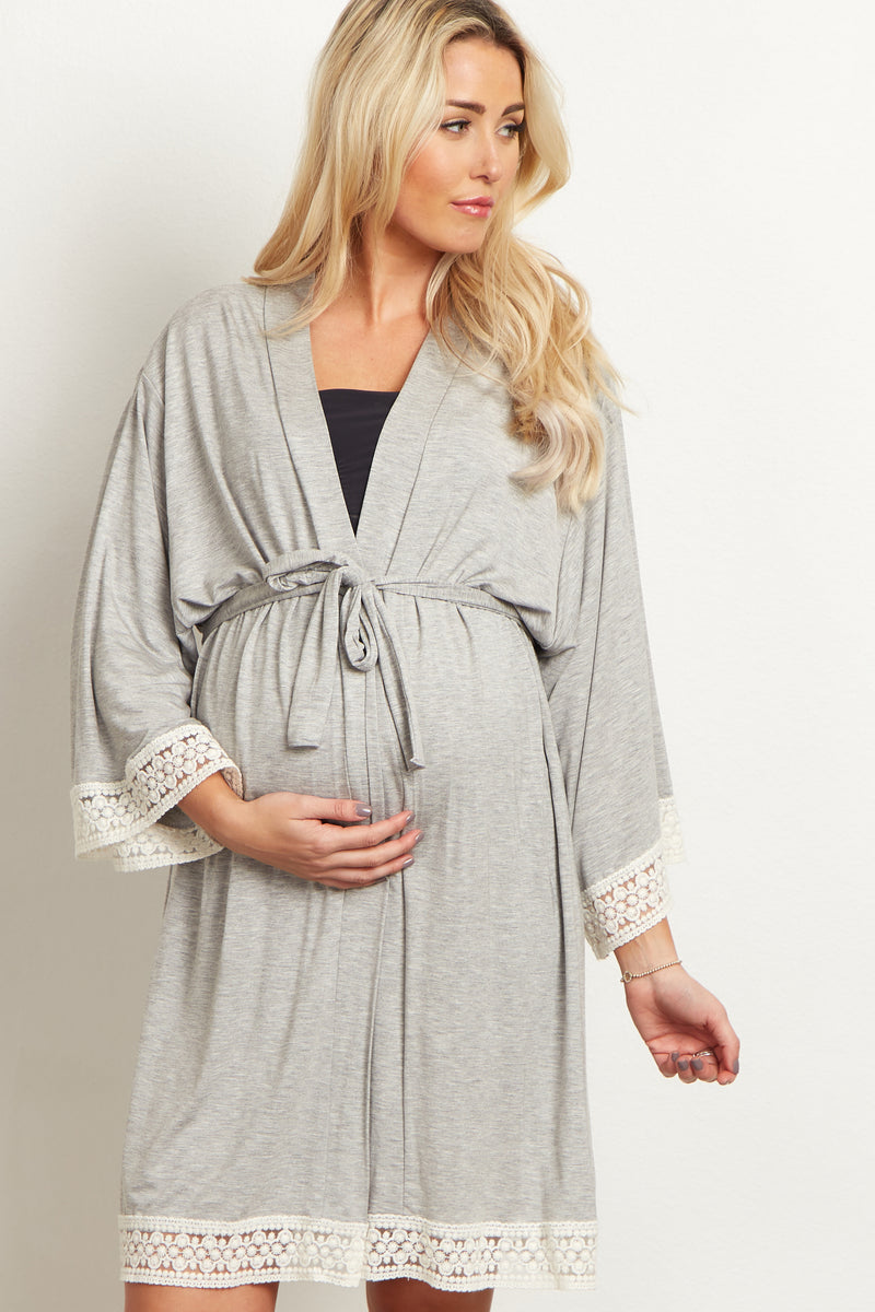PinkBlush Grey Crochet Trim Maternity Delivery/Nursing Robe