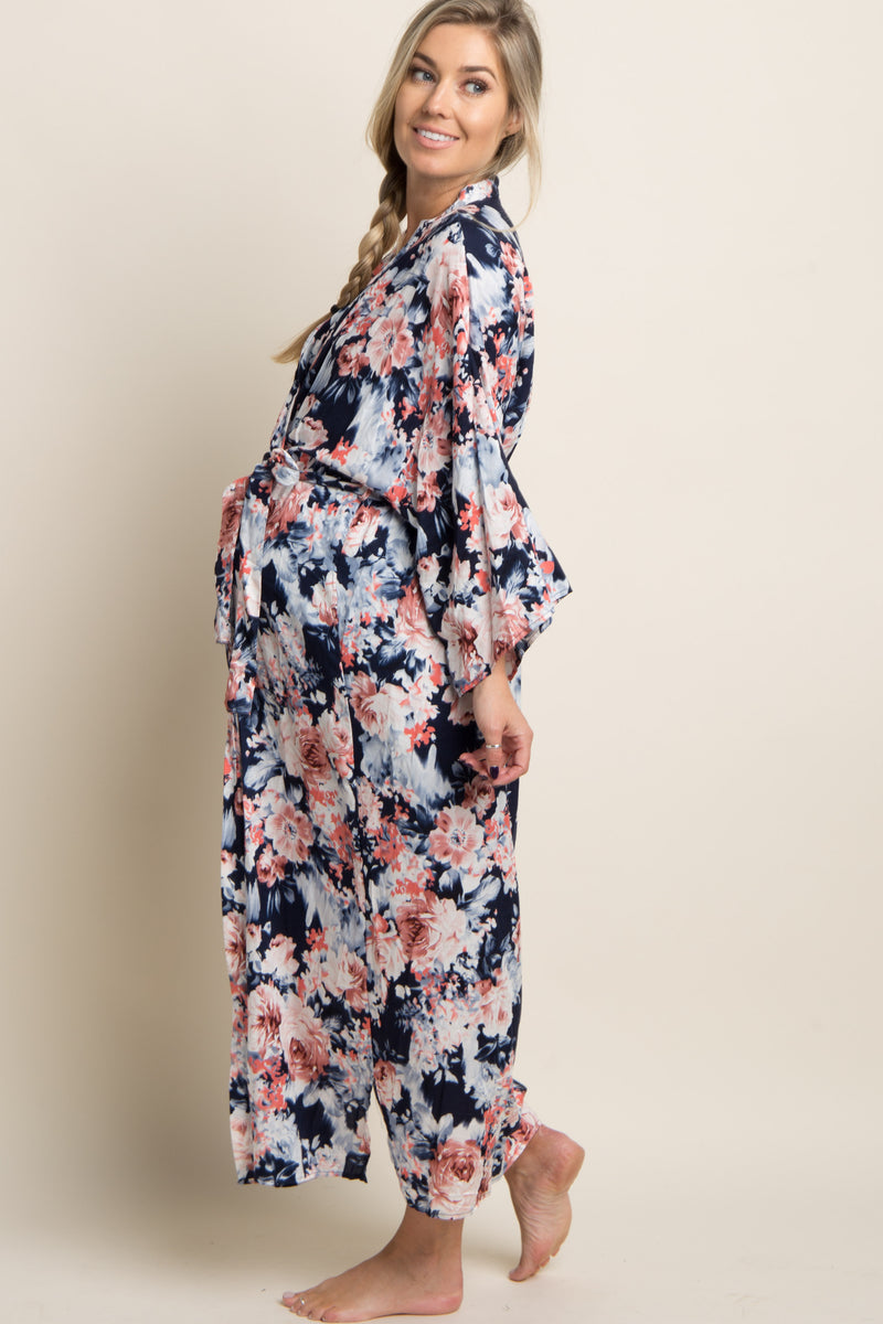 Navy Floral Delivery/Nursing Long Maternity Robe – PinkBlush