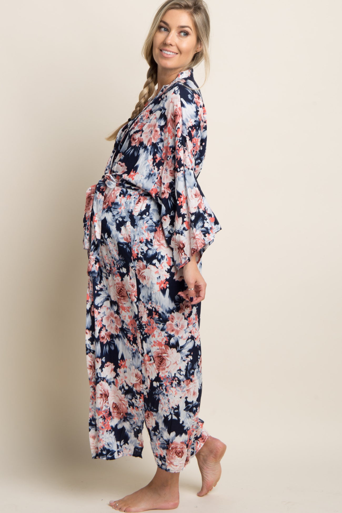 Navy Floral Delivery/Nursing Long Maternity Robe – PinkBlush