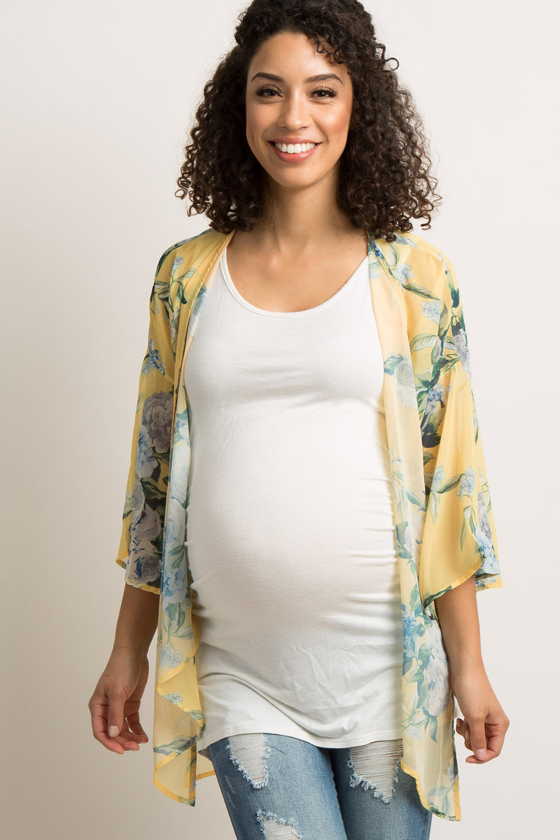 PinkBlush Yellow Floral Chiffon Bell Sleeve Maternity Cover Up