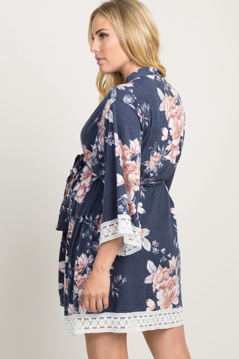 PinkBlush Navy Faded Floral Lace Trim Maternity Delivery/Nursing Robe