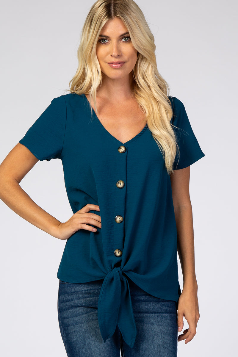 Teal Button Tie Front Top– PinkBlush