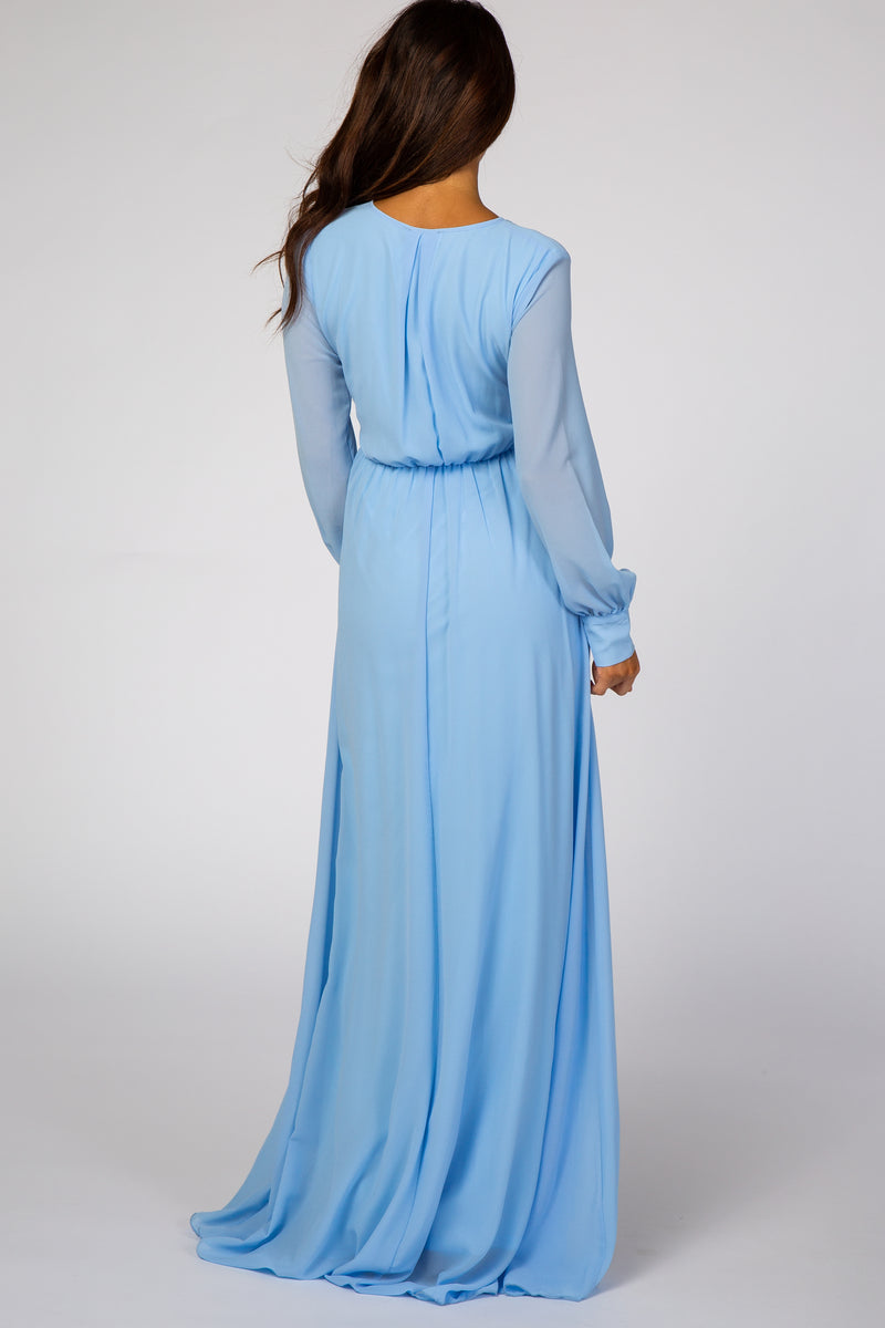 Light Blue Chiffon Long Sleeve Maxi Dress– PinkBlush