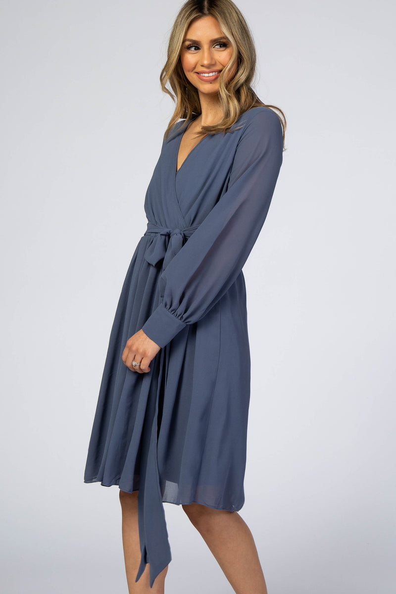 Dusty Blue Chiffon Wrap Dress – PinkBlush