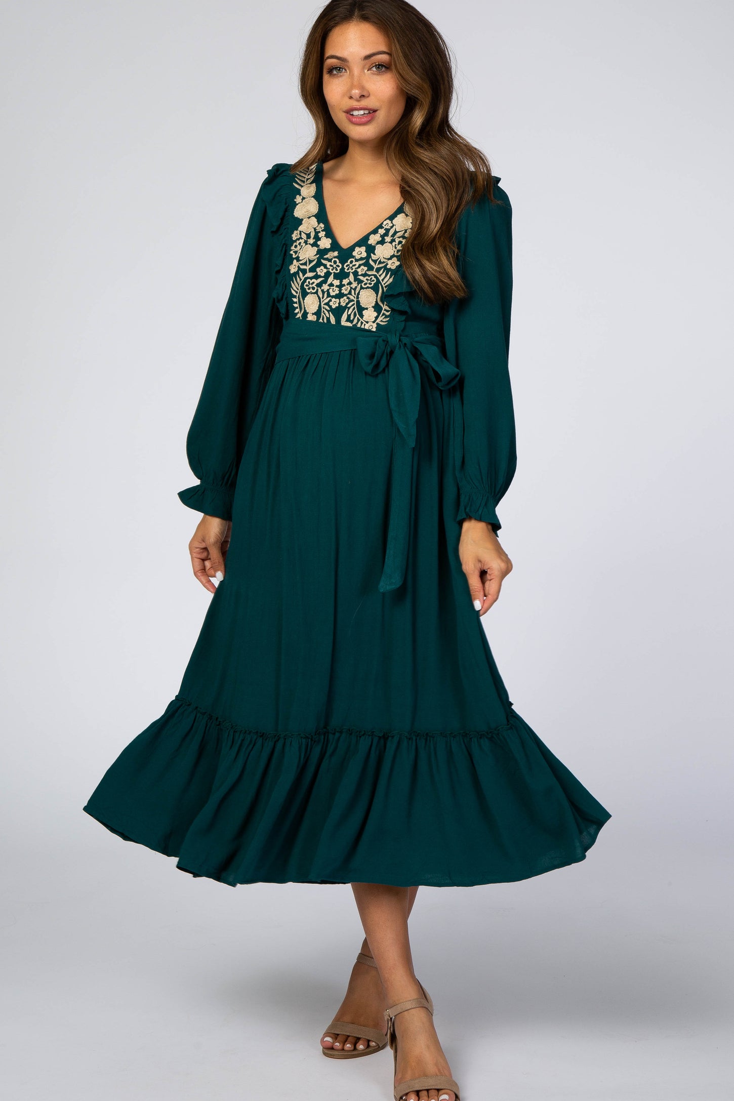 Emerald Floral Embroidered Ruffled Maternity Midi Dress – PinkBlush