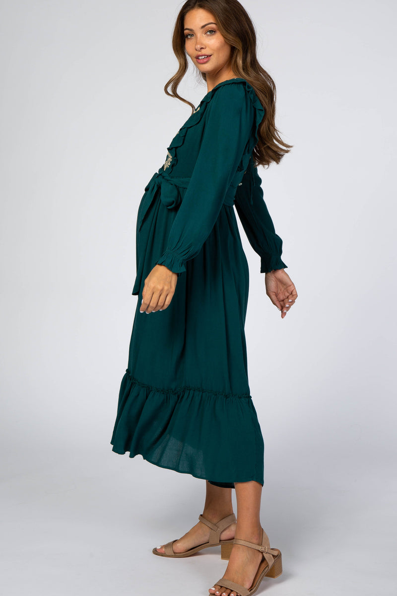 Emerald Floral Embroidered Ruffled Maternity Midi Dress – PinkBlush
