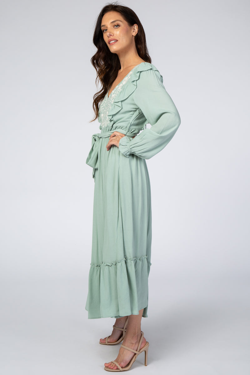 Mint Floral Embroidered Ruffled Midi Dress– PinkBlush