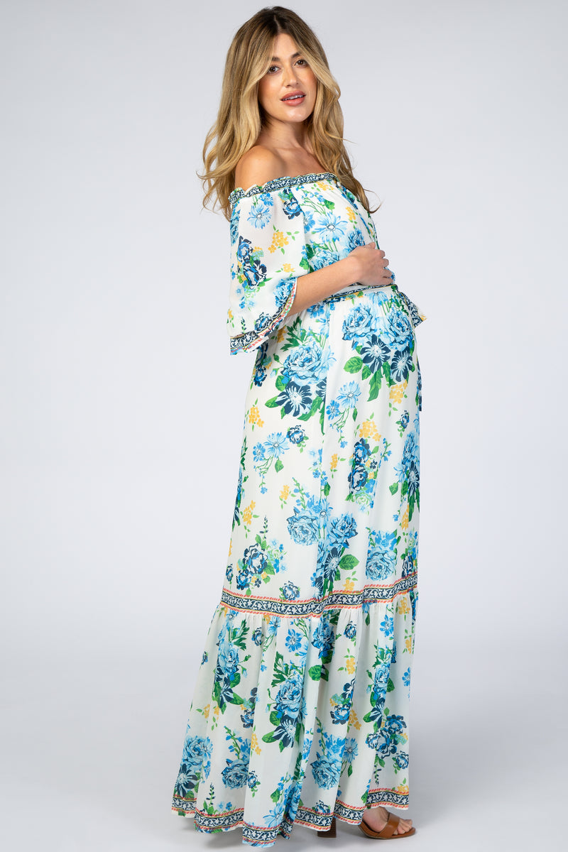 Ivory Floral Off Shoulder Maternity Maxi Dress – PinkBlush