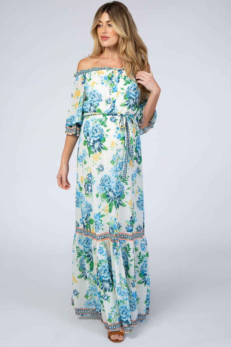 Ivory Floral Off Shoulder Maternity Maxi Dress– PinkBlush