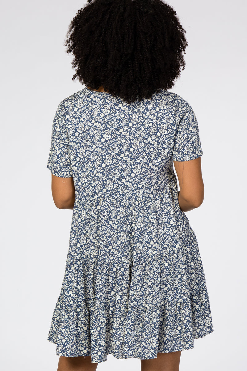 Blue Floral Button Front Print Dress– PinkBlush