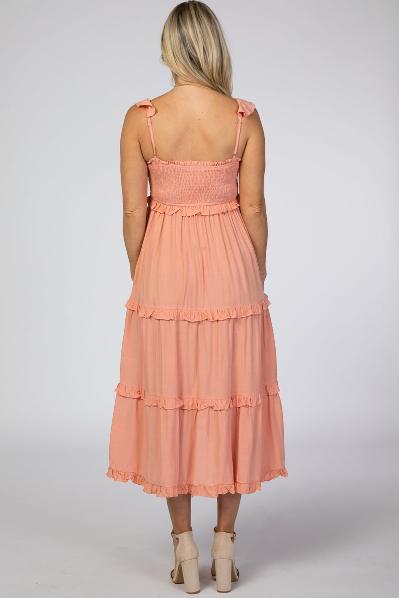 Coral Ruffle Tiered Maternity Midi Dress– PinkBlush