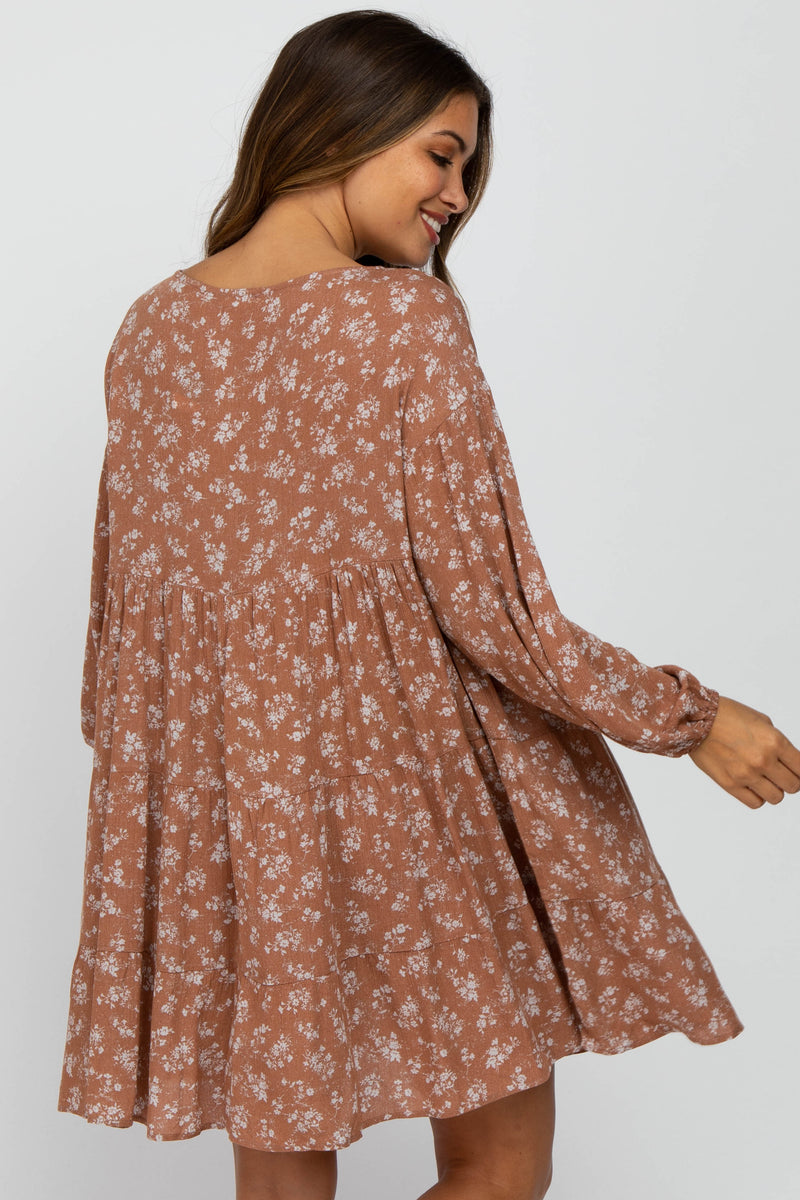 Rust Floral Long Sleeve Babydoll Maternity Dress– PinkBlush
