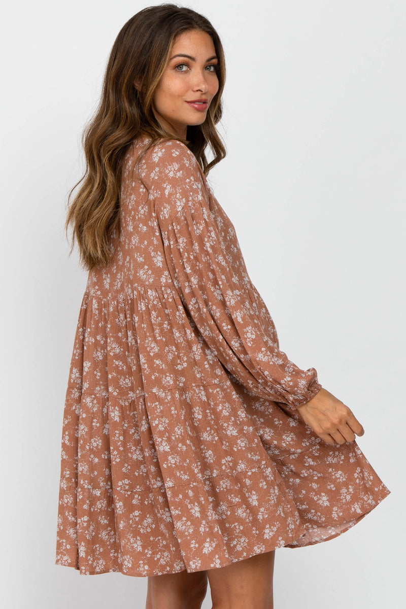 Rust Floral Long Sleeve Babydoll Maternity Dress– PinkBlush