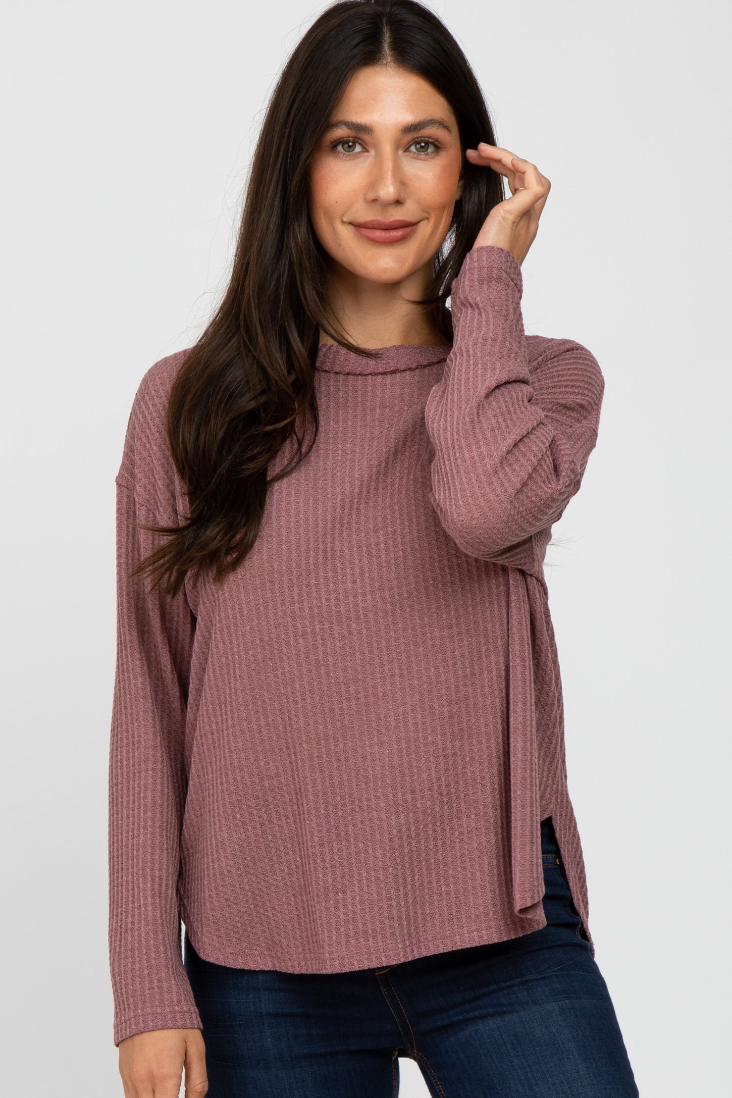 Mauve Waffle Knit Round Hem Top– PinkBlush